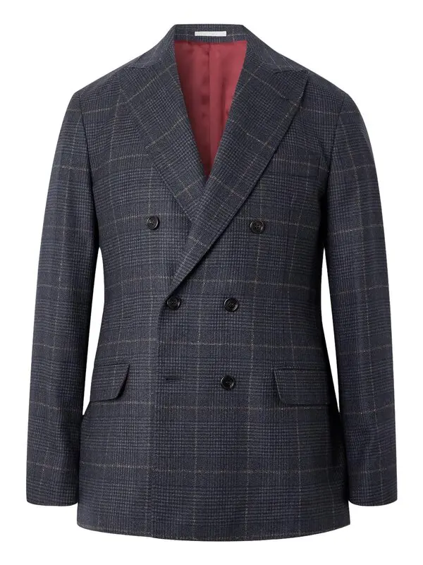 Brunello Cucinelli Checked Double-breasted Cashmere And Virgin Wool-blend Suit Jacket - Gray