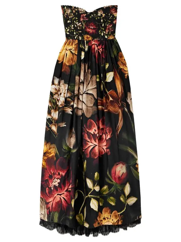 Agua Bendita Tonia Paramo Strapless Floral-print Cotton-poplin Midi Dress - Black