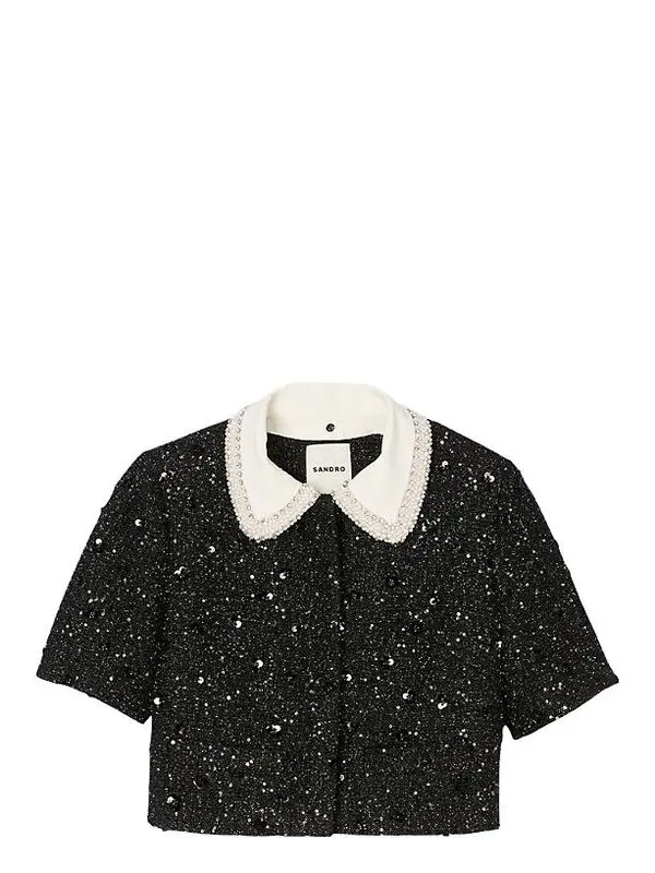 Sandro Cropped Rhinestone-embellished Tweed Jacket - Black
