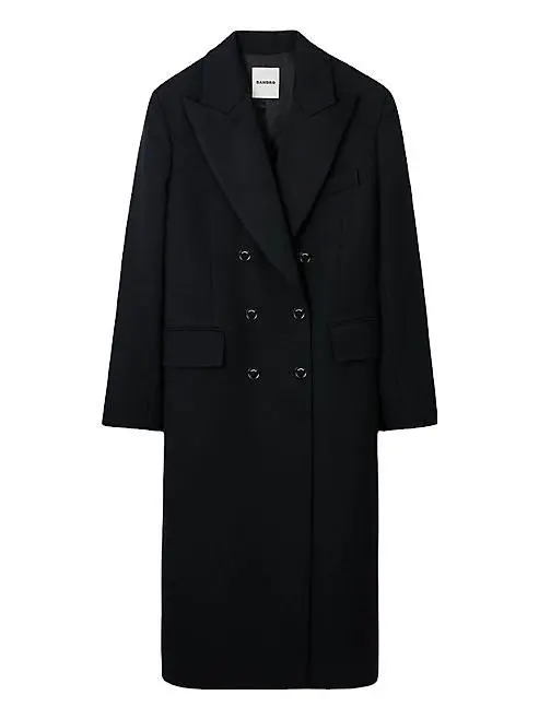 Sandro Double-breasted Peak-lapel Woven Coat - Black