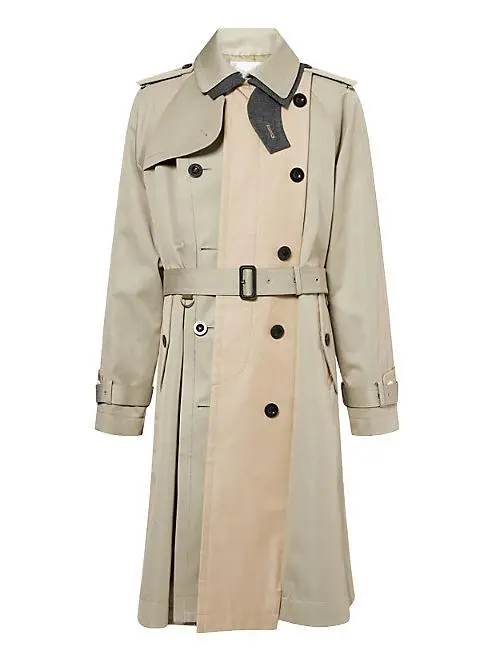 Sacai Belted Paneled Cotton-blend Trench Coat - L/khaki X Beige