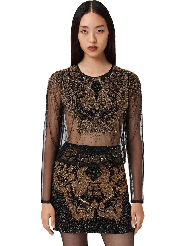 ALLSAINTS Greta Butterfly Embellished Top - Black/gold