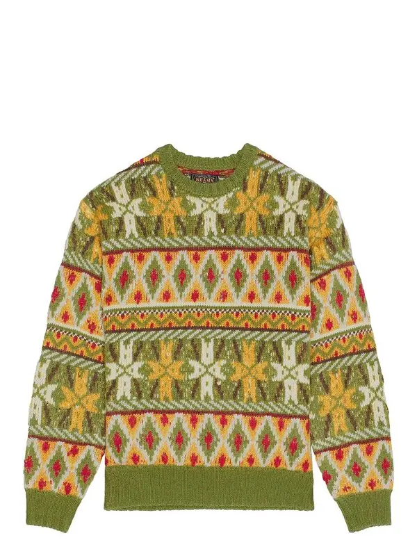 BEAMS Crew Fair Isle Pattern 3g Sweater - Green