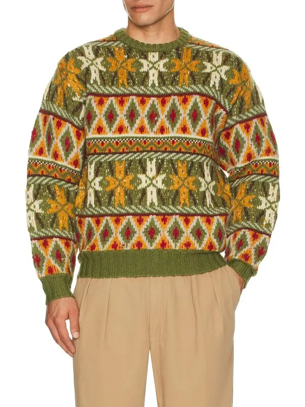 BEAMS Crew Fair Isle Pattern 3g Sweater - Green