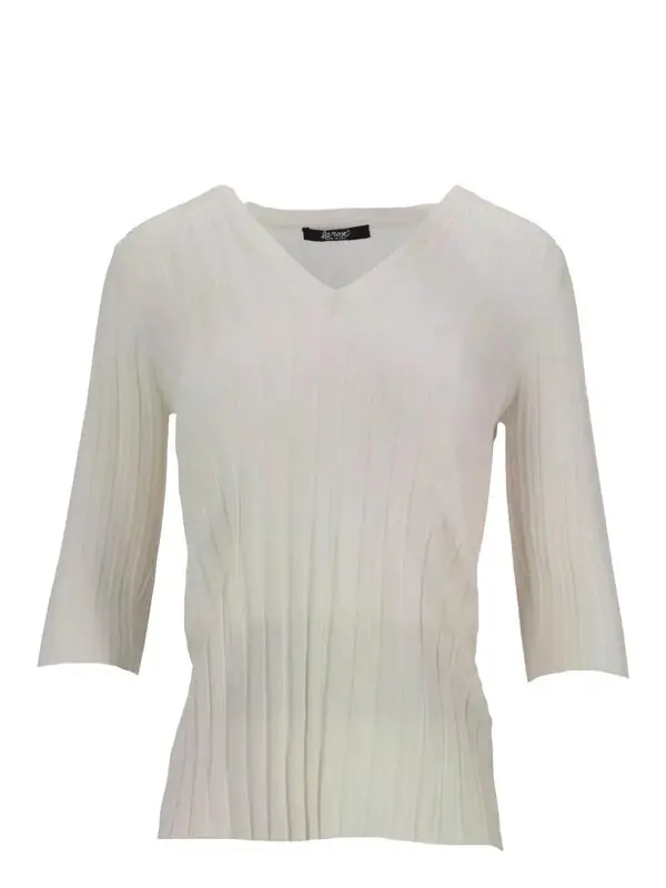 LA ROSE Ribbed Knit V-neck Top - Neutrals