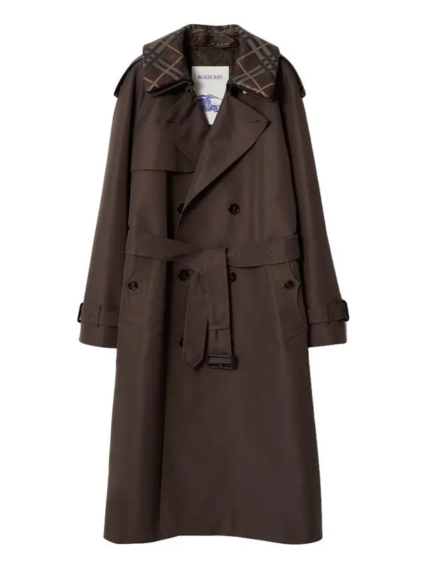 Burberry Check Collar Silk Cotton Trench Coat - Shade Brown