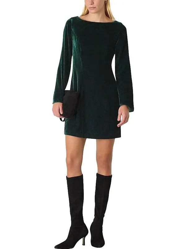 Whistles Velvet Flare Sleeve Dress - Forest Green