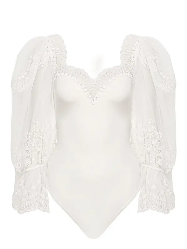 Chloé Shiny Jersey Bodysuit With Lace Trim - Coconut Milk
