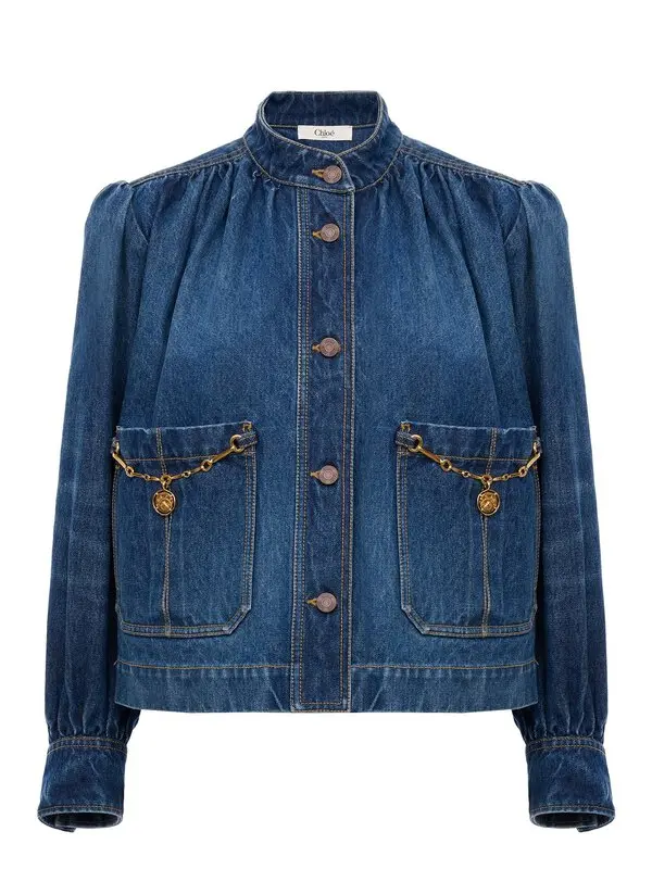 Chloé High-neck Gathered Denim Jacket - Faded Indigo