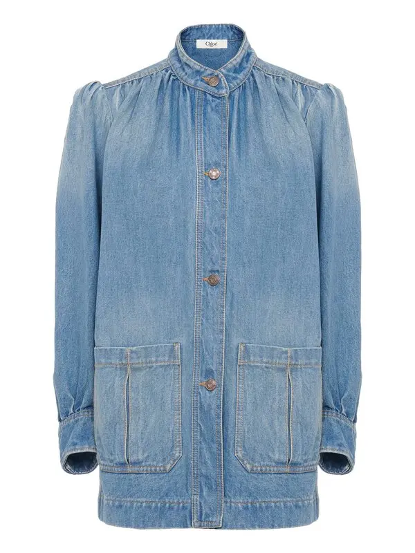Chloé High-neck Gathered Denim Jacket - Iced Blue