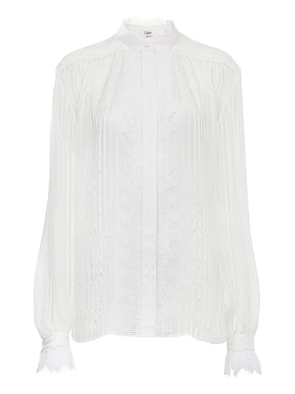 Chloé Gathered Blouse In Mousseline And Lace - Iconic Milk