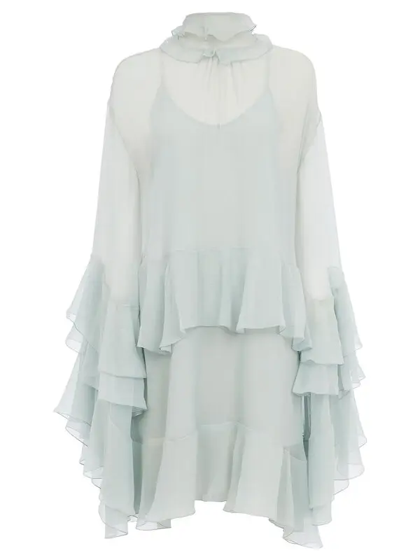 Chloé Mini Ruffled Mousseline Dress - Desert Green