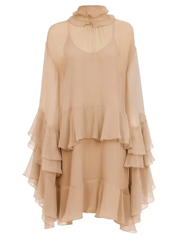 Chloé Mini Ruffled Mousseline Dress - Tender Peach