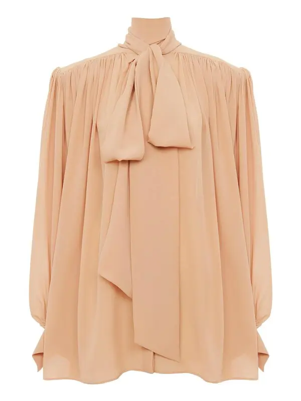 Chloé Oversized Gathered Lavallière Blouse - Sand Brown