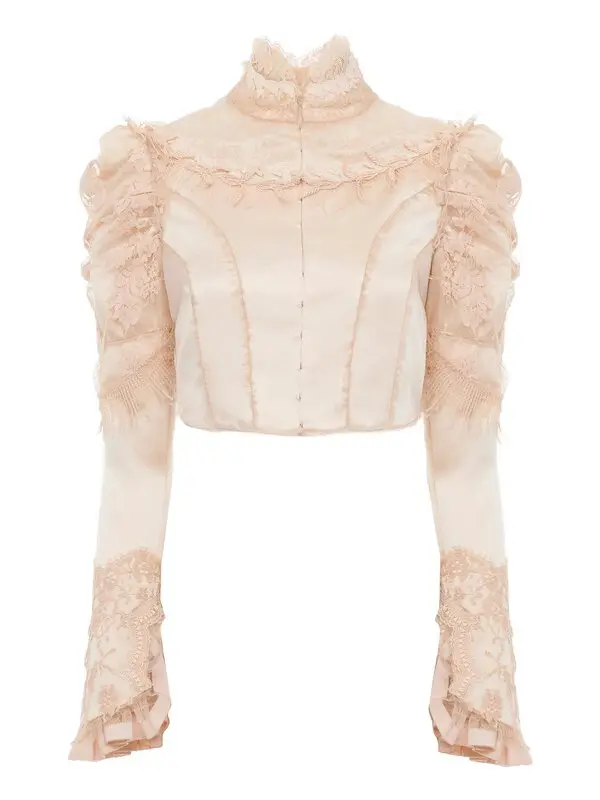 Chloé Cropped Fitted Jacket In Duchess Satin And Lace - Clay Pink