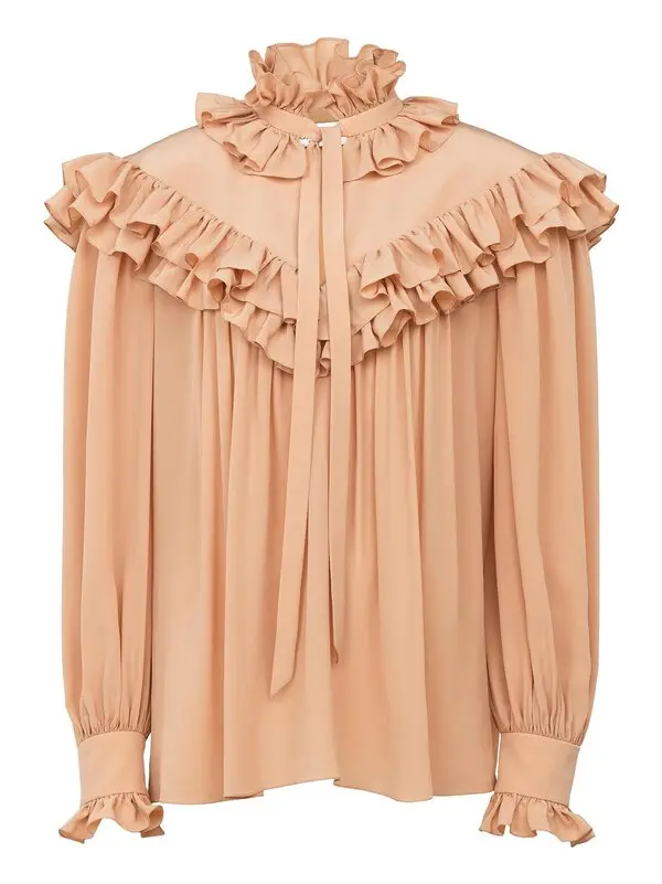 Chloé Ruffle-trimmed Crêpe De Chine Top - Sand Brown