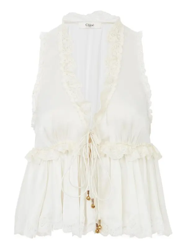 Chloé Tie-front Sleeveless Top With Lace Trim - Iconic Milk