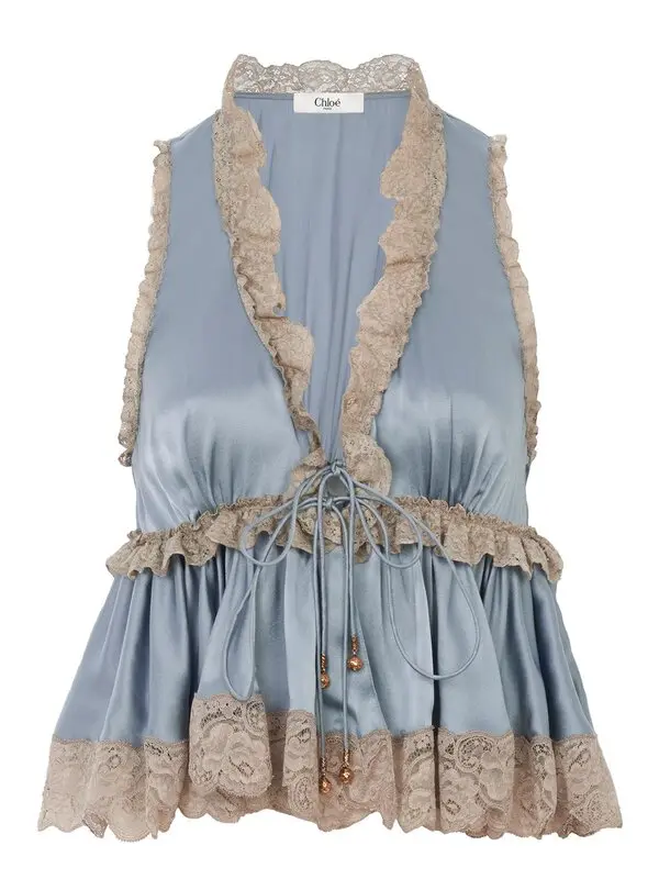 Chloé Tie-front Sleeveless Top With Lace - Ash Blue