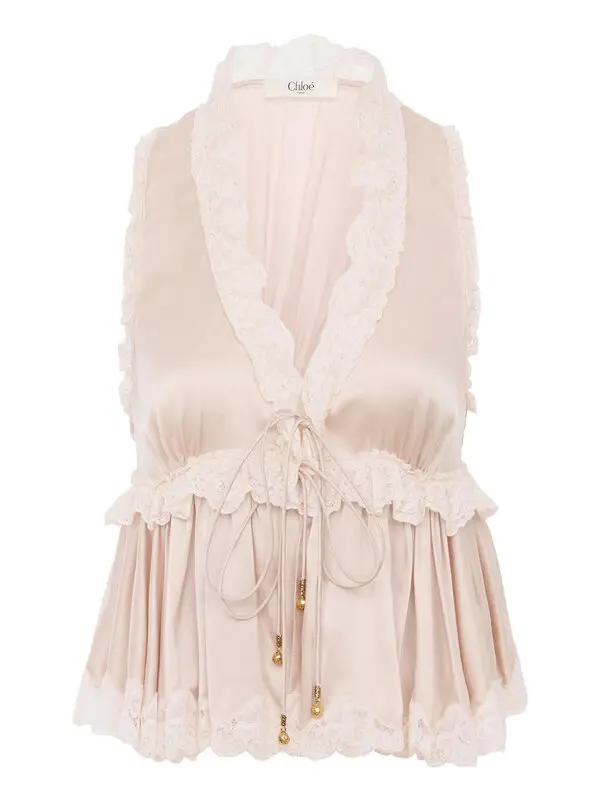 Chloé Tie-front Sleeveless Top With Lace - Rose Dust