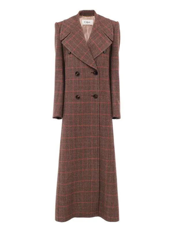 Chloé Long Double-breasted Coat In Checked Wool - Brown / Beige