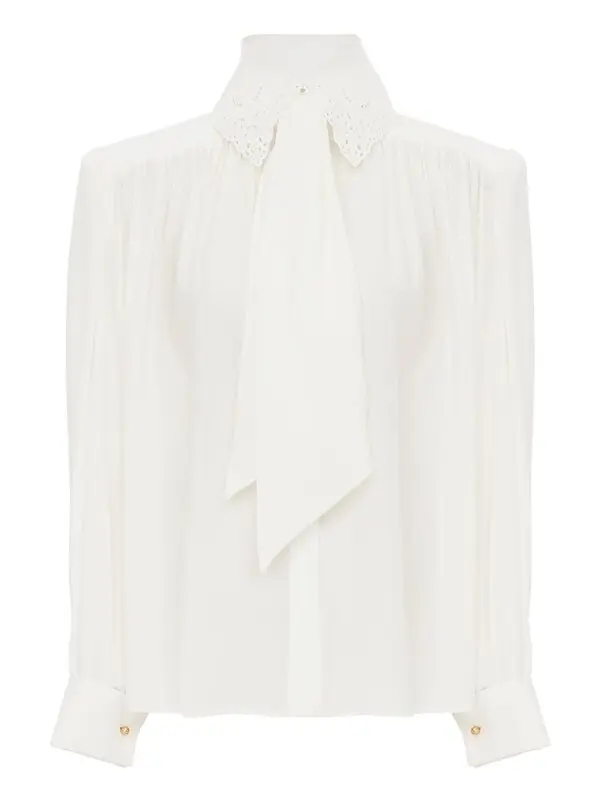 Chloé Scarf-tie Blouse In Crêpe De Chine & Lace - Iconic Milk