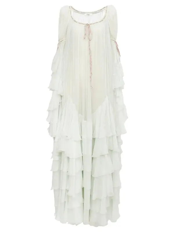 Chloé Oversized Ruffled Mousseline Long Dress - Slightly Grey