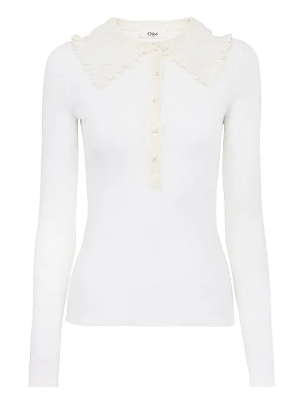 Chloé Collared Henley Shirt With Lace Trim - Iconic Milk