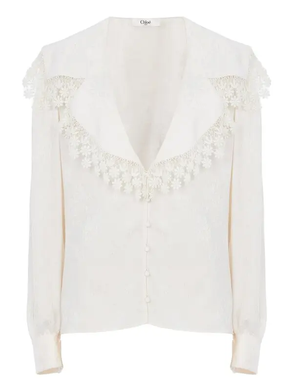 Chloé Maxi-collar Blouse In Jacquard & Lace - Iconic Milk