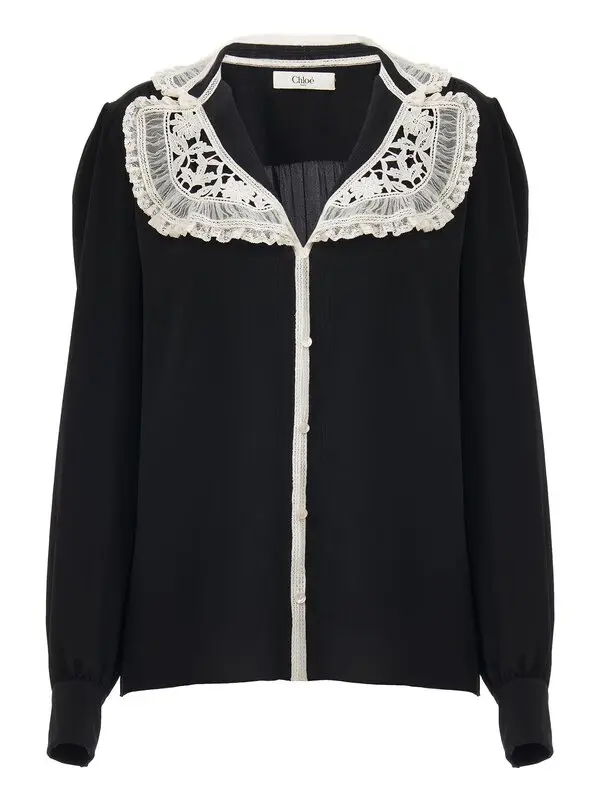 Chloé Ruffled Blouse In Crêpe De Chine & Lace - Black