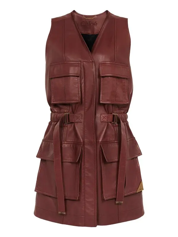 Chloé Belted Leather Utilitarian Vest - Faded Mahogany