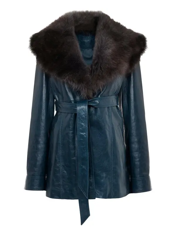 Chloé Short Leather Coat With Shearling Collar - Military Blue