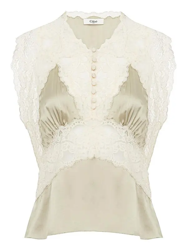 Chloé V-neck Satin Top With Lace - Clear Green
