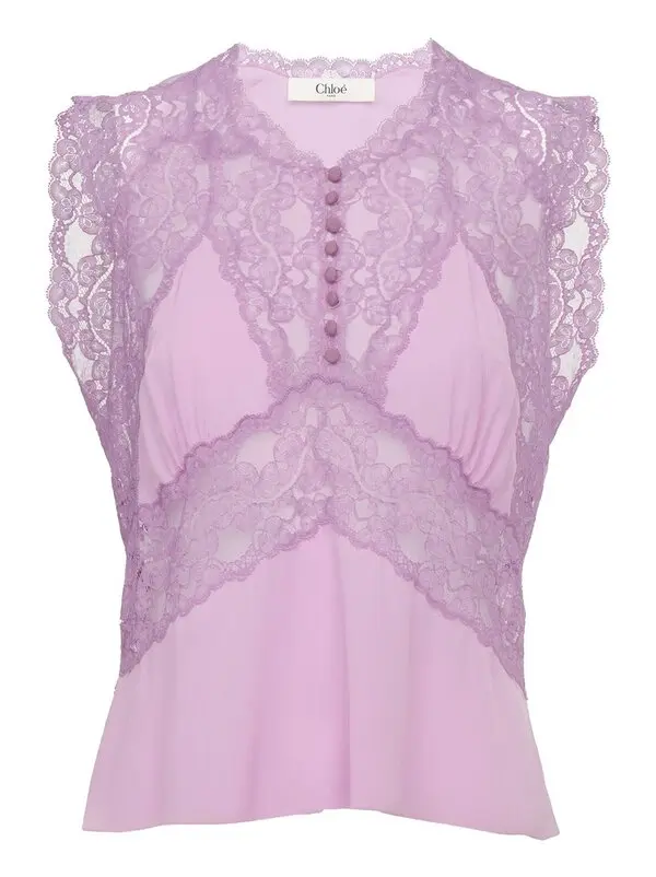 Chloé Crêpe De Chine And Lace Top - Creamy Lilac