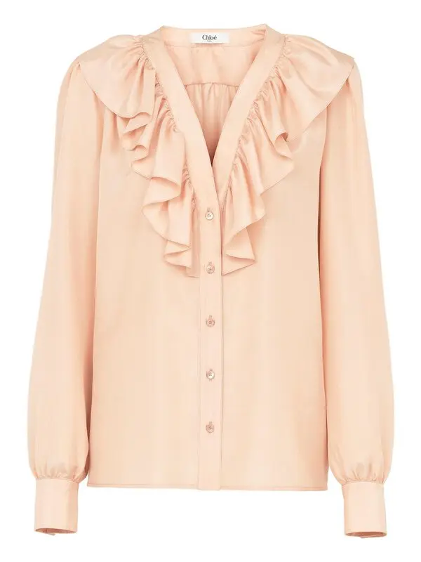 Chloé V-neck Ruffled Habotai Blouse - Biscuit Pink