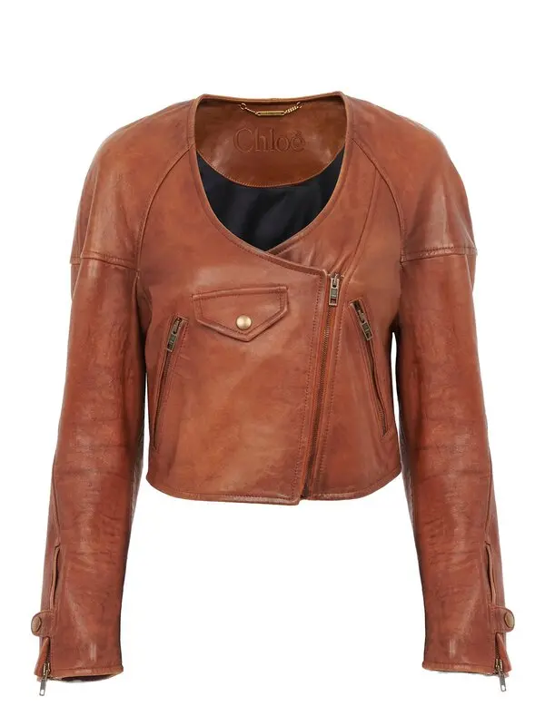 Chloé Cropped Scoop-neck Leather Jacket - Ochre Delight