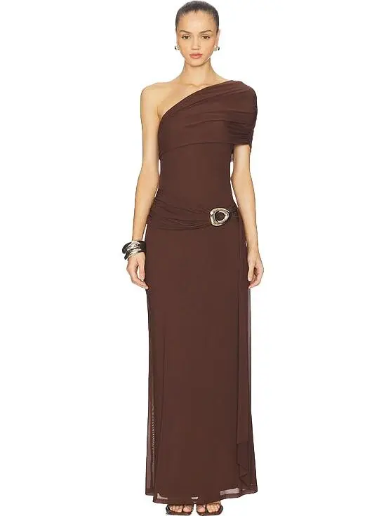 RUNAWAY THE LABEL Kassi Draped One Shoulder Midi Dress - Bitter Chocolate
