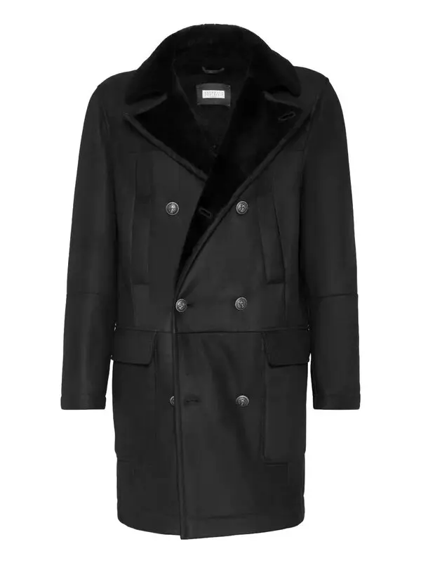 Brunello Cucinelli Shearling-collar Double-breasted Coat - Black