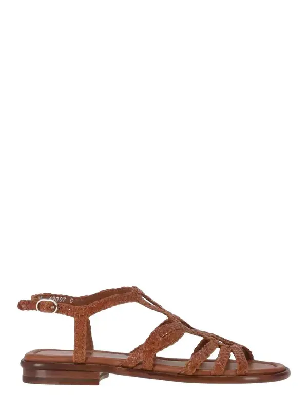 LA ROSE Woven Leather Flat Sandals - Brown