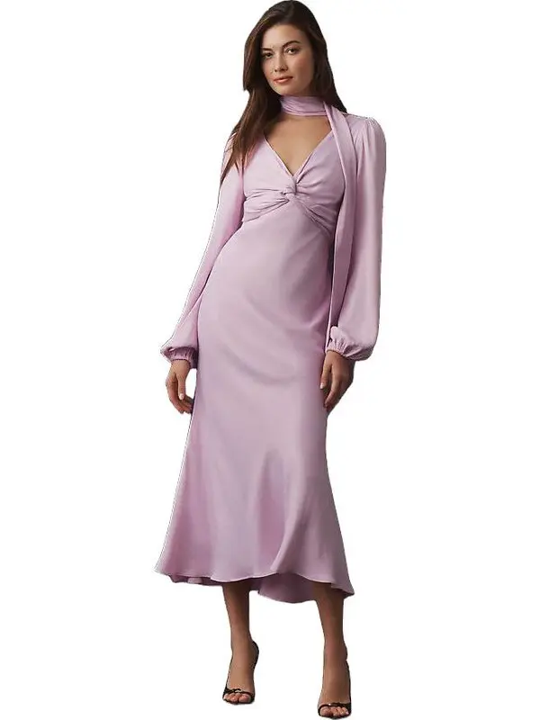 Bhldn Long-sleeve Scarf-neck A-line Dress - Light Lilac