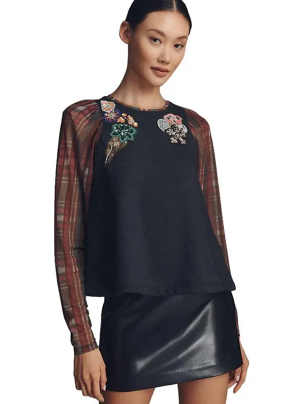 Maeve Embellished Plaid Top - Black Plaid