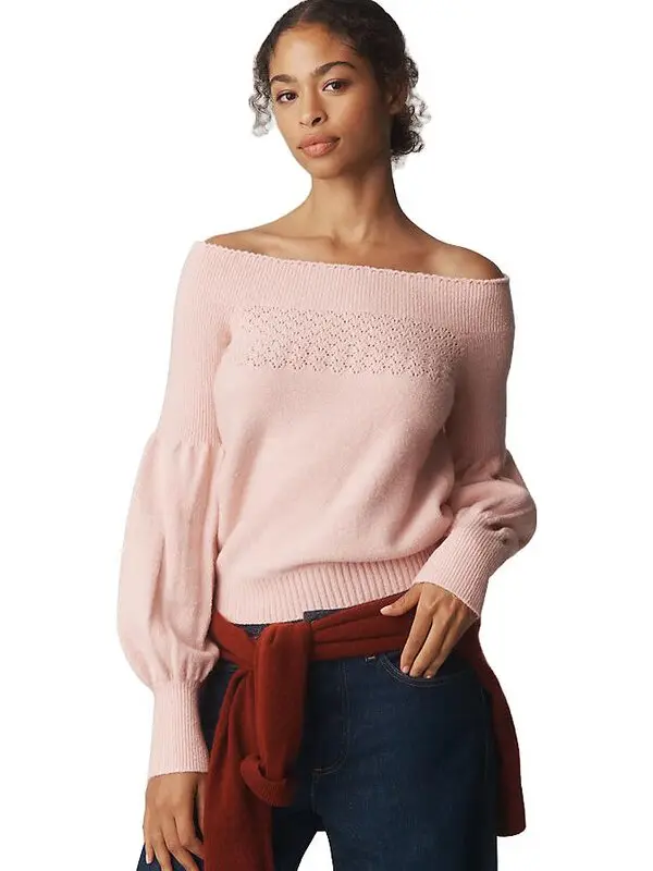 Anthropologie Off-shoulder Ruffle-edge Pullover Sweater - Mauve Pink