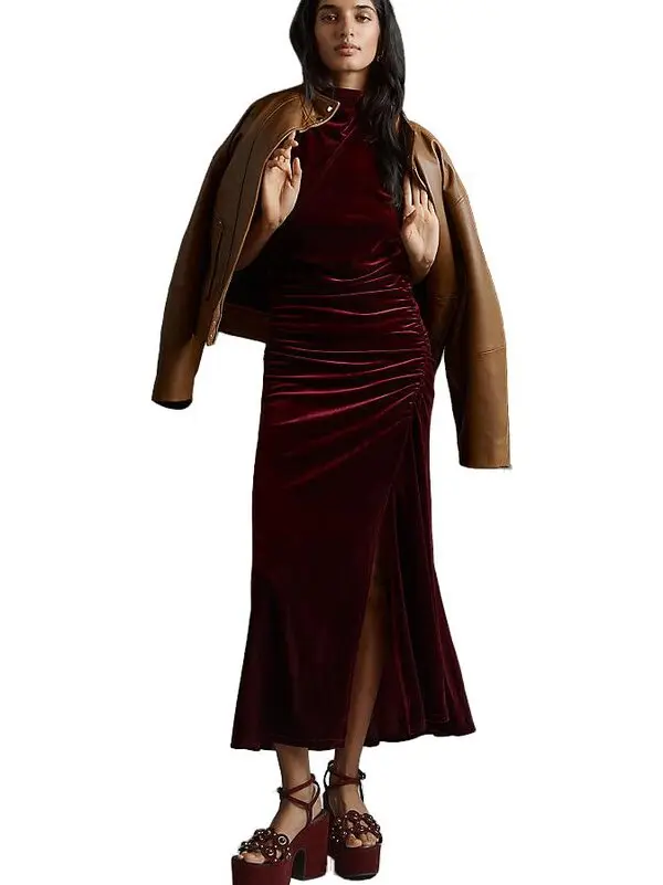 BISHOP + YOUNG Halter Velvet Midi Dress - Burgundy