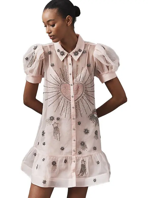 Maeve Embellished Mini Shirt Dress - Frosty Pink