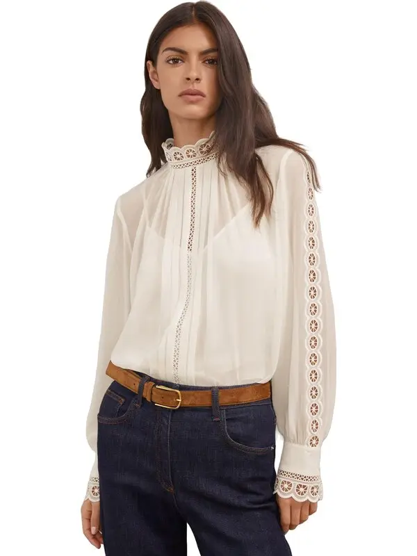 REISS Ori Lace-trim Blouse - Cream