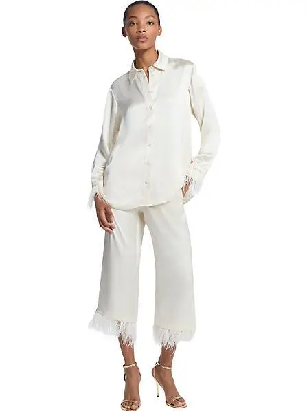 Michael Kors Feather-trimmed Satin Pajama Pants - Natural