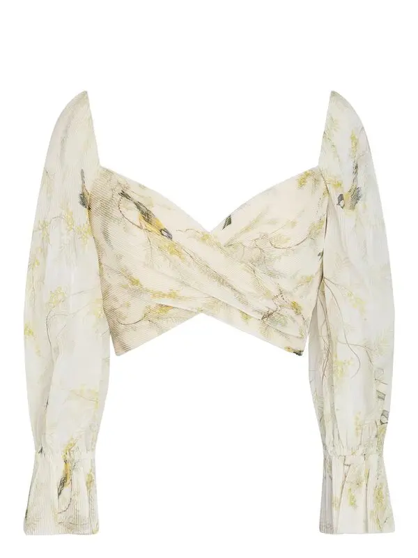 Zimmermann Cropped Printed Plissé-organza Top - Ivory