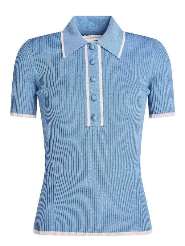 Zimmermann Metallic Ribbed-knit Polo Shirt - Light Blue