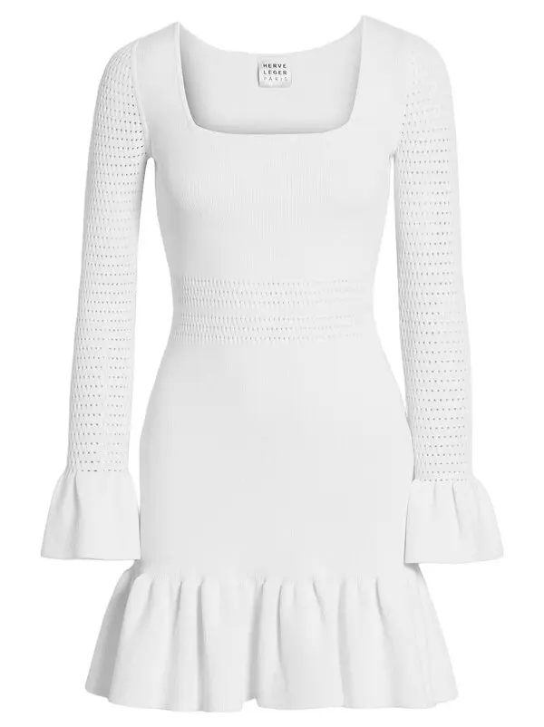 Herve Leger Colette Ruffled Pointelle-knit Mini Dress - White