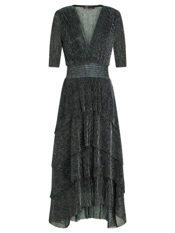 Maje Lamé Tiered Midi Dress - Dark Green