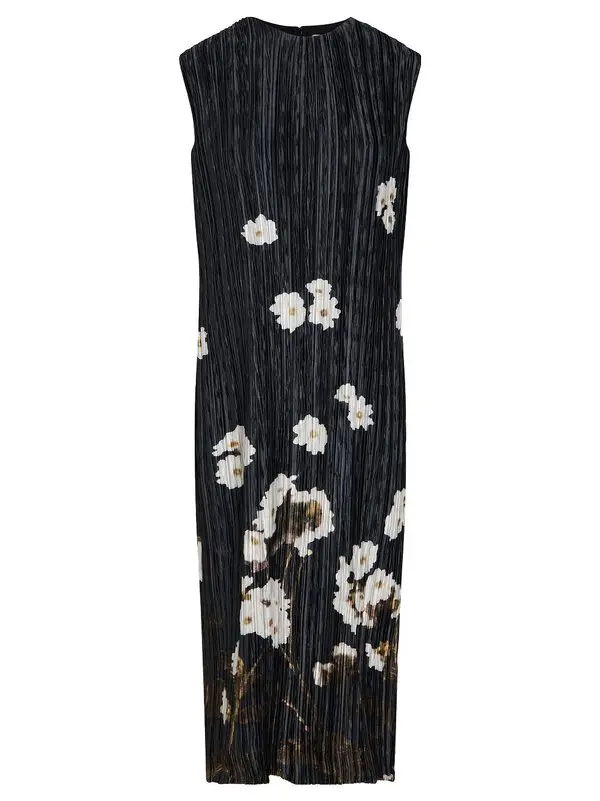 Erdem Floral-print Plissé-satin Midi Dress - Black